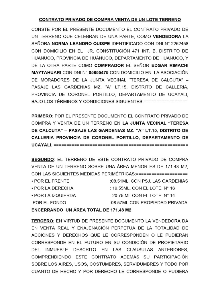 Contrato Privado de Compra Venta de Un Terreno | PDF | Derecho privado | Justicia