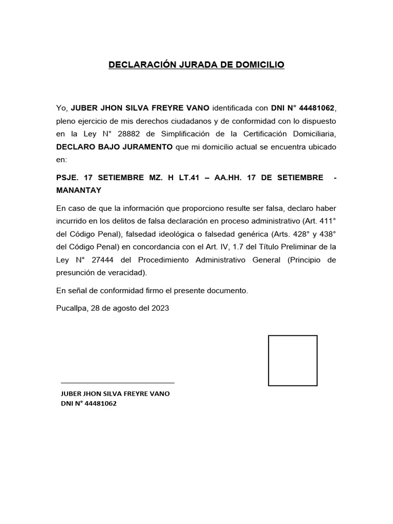 Declaración Jurada de Domicilio | PDF