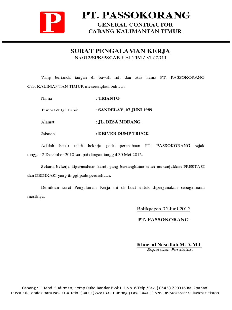 Contoh Surat Pengalaman Kerja | PDF