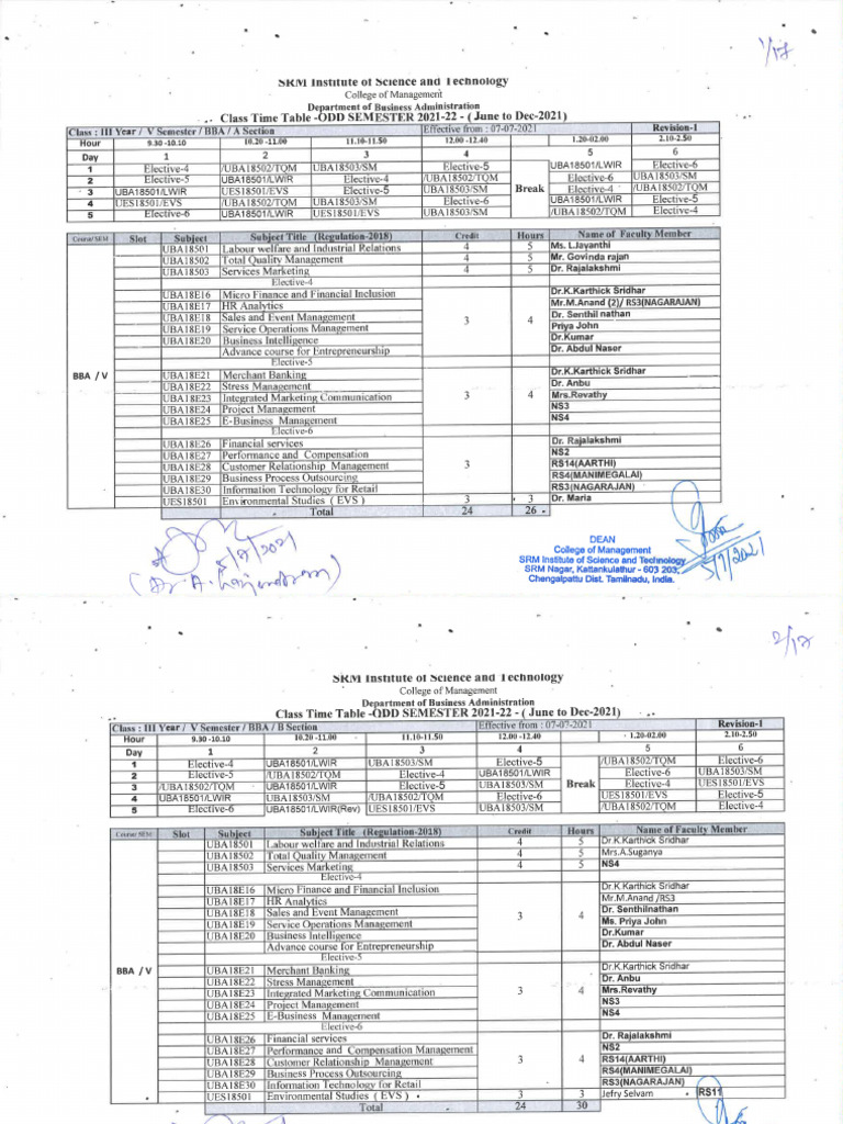 Timetable II & III Bba Classes - 2021-22 Odd Semester | PDF