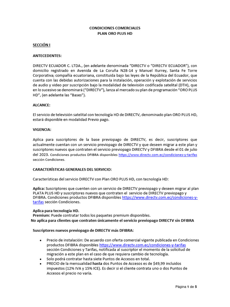 Condiciones Comerciales - Plan Oro Plus | Descargar gratis PDF | Direc Tv | Televisión via satélite