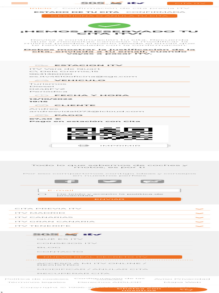 Confirmación de Cita Previa ITV SGS ITV | PDF