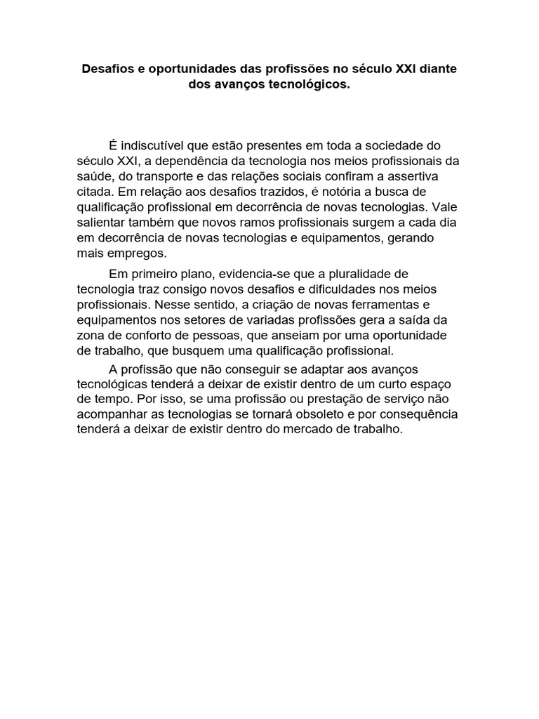 Redacao - Faculdade - Desafios e Oportunidades Das Profissões No Século ... Redacao - Faculdade - Desafios e Oportunidades Das Profissões No Século ...