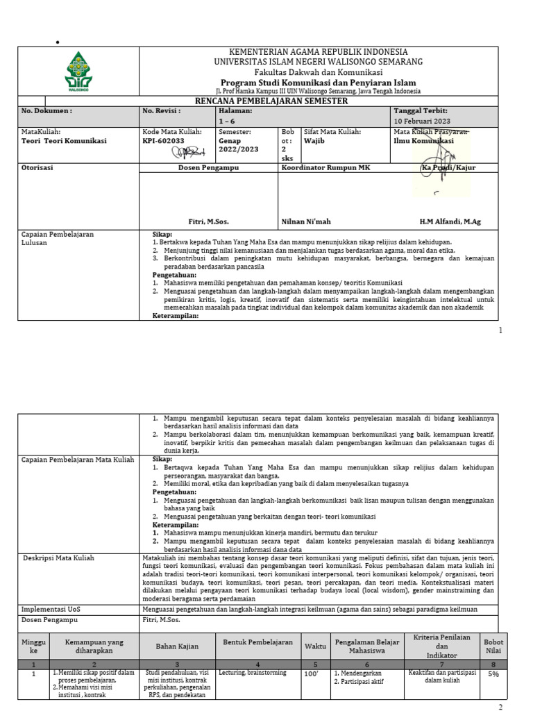 RPS Teori Komunikasi | PDF