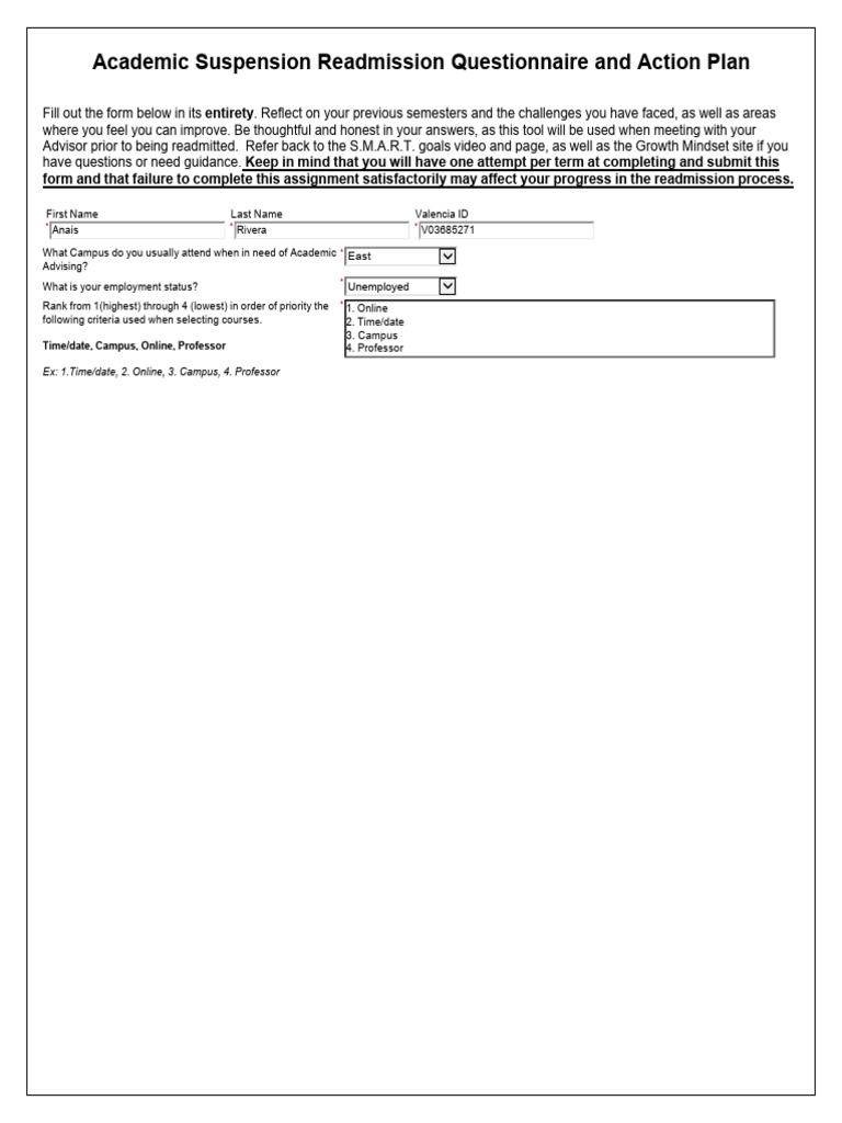 Academic Suspension Readmission Form | PDF | Goal | Goal Setting