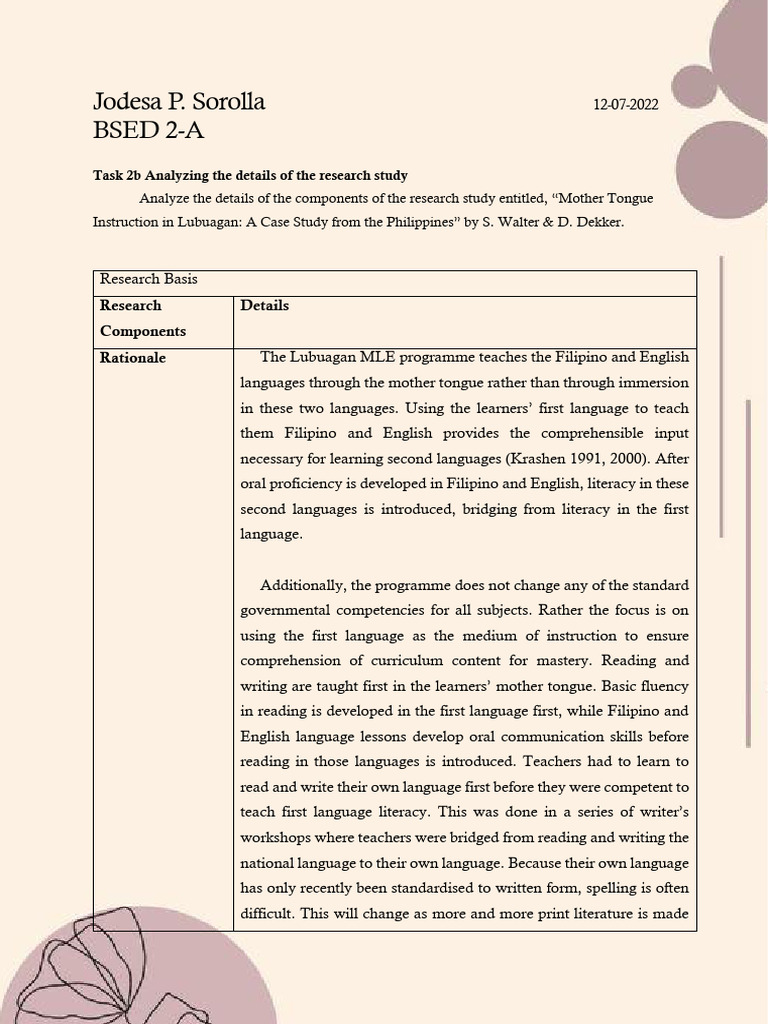 Mother Tongue Reflection | PDF | Literacy | Second Language