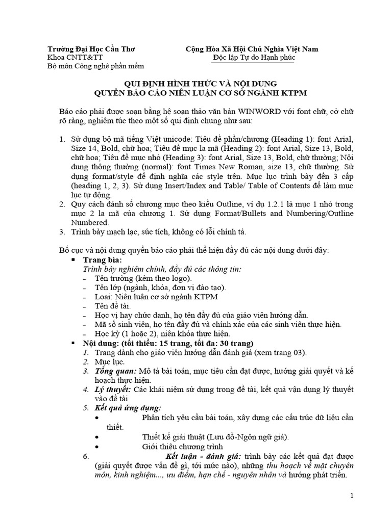 Qui Định Hình Thức Và Nội Dung Quyển Báo Cáo Niên Luận Cơ Sở Ngành Ktpm | PDF