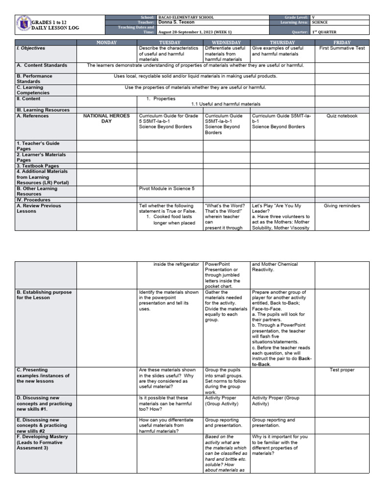 DLL - Science 5 - Q1 - W1 | PDF | Learning | Curriculum