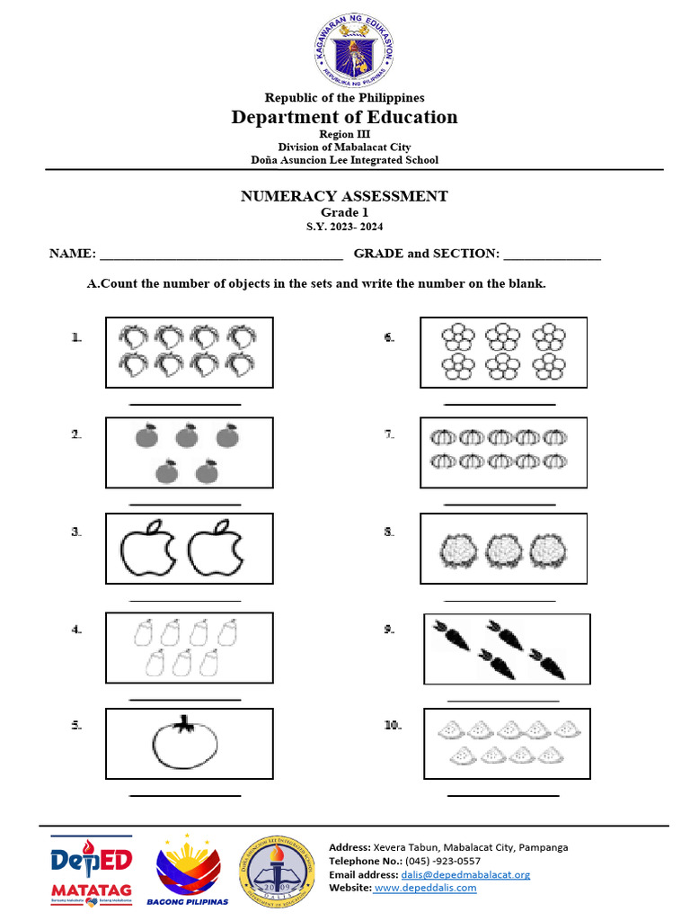 Grade 1 Numeracy Assessment 2023-2024 | PDF | Mathematics