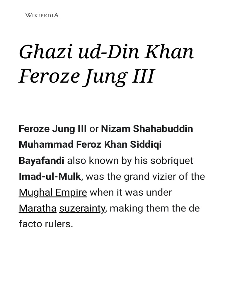 Ghazi Ud-Din Khan Feroze Jung III - Wikipedia | PDF | Mughal Empire | Timurid Dynasty