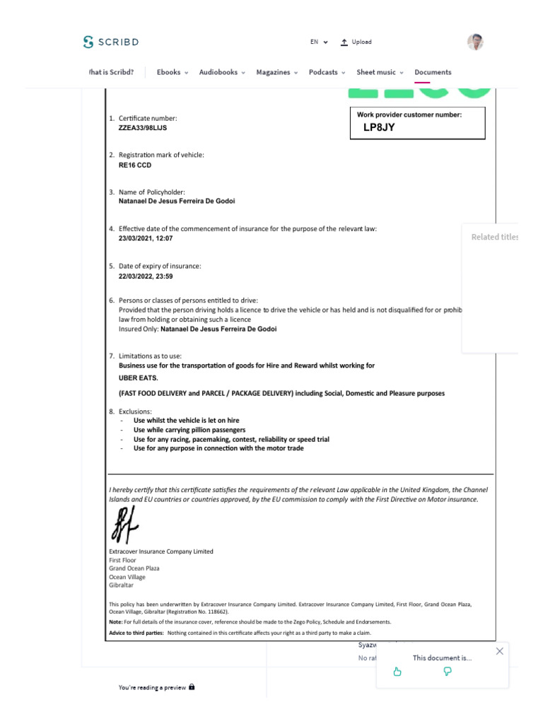 ZEGO-CERTIFICATE-Natanael de Jesus Ferreira de Godoi-2021 - PDF - Vehicle Insurance - Insurance ...