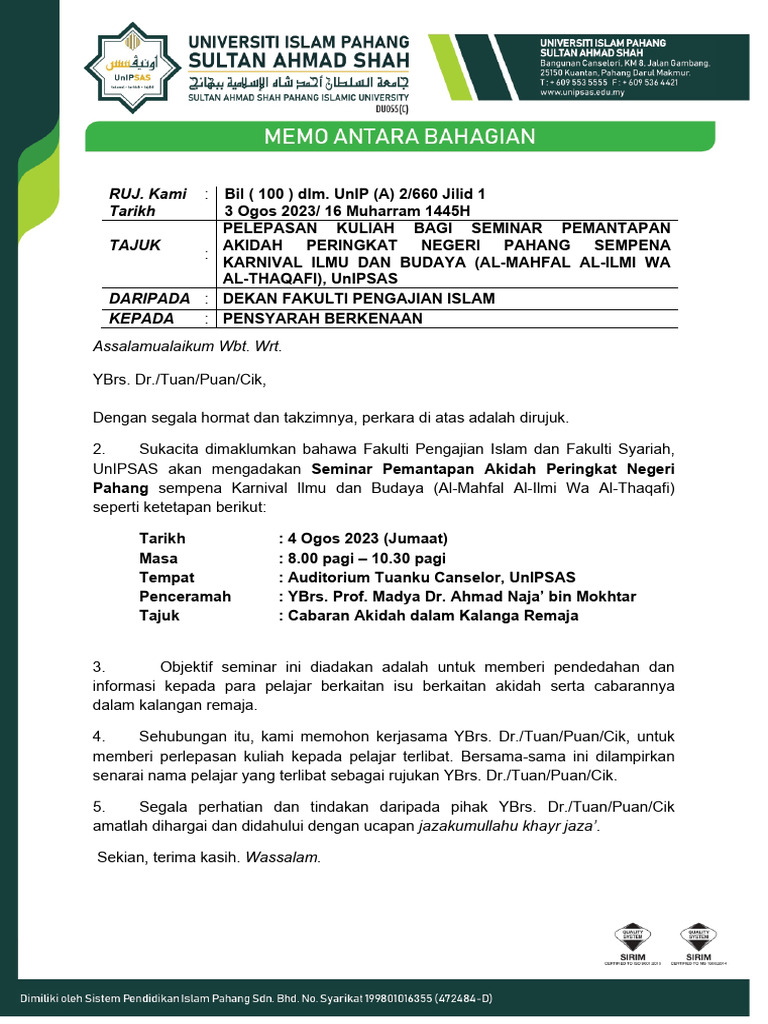 Memo Pelepasan Kuliah Kak Fadel | PDF