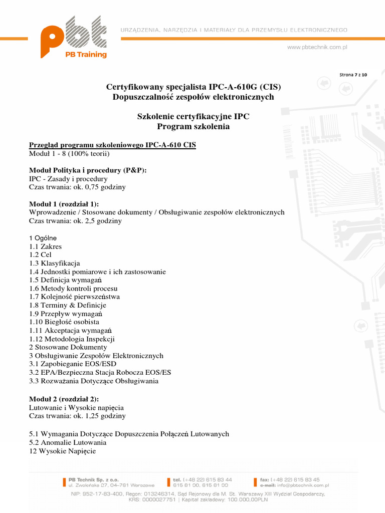 Program Szkoleniowy IPC 610 PDF | PDF
