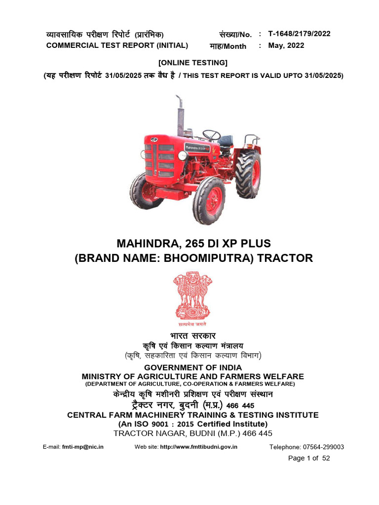 Mahindra 265 DI XP PLUS ICT - SIGNED FTR | PDF | Tractor | Diesel Engine