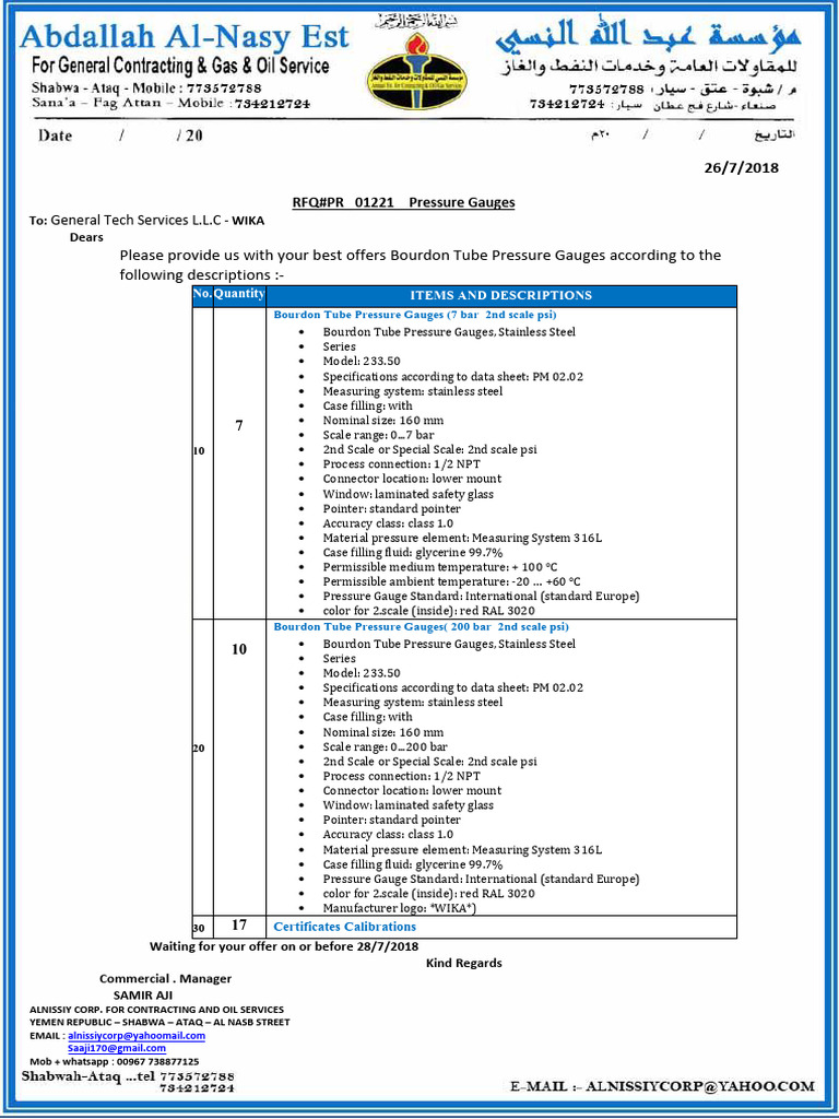 General Tech RFQ - 01221 - Pressure Gauges | PDF | Pressure Measurement ...