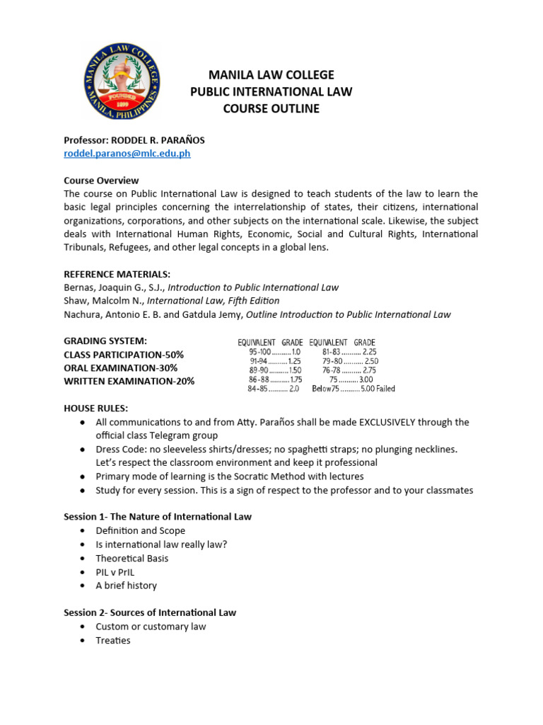 Manila Law College Public International Law Course Outline: Professor ...