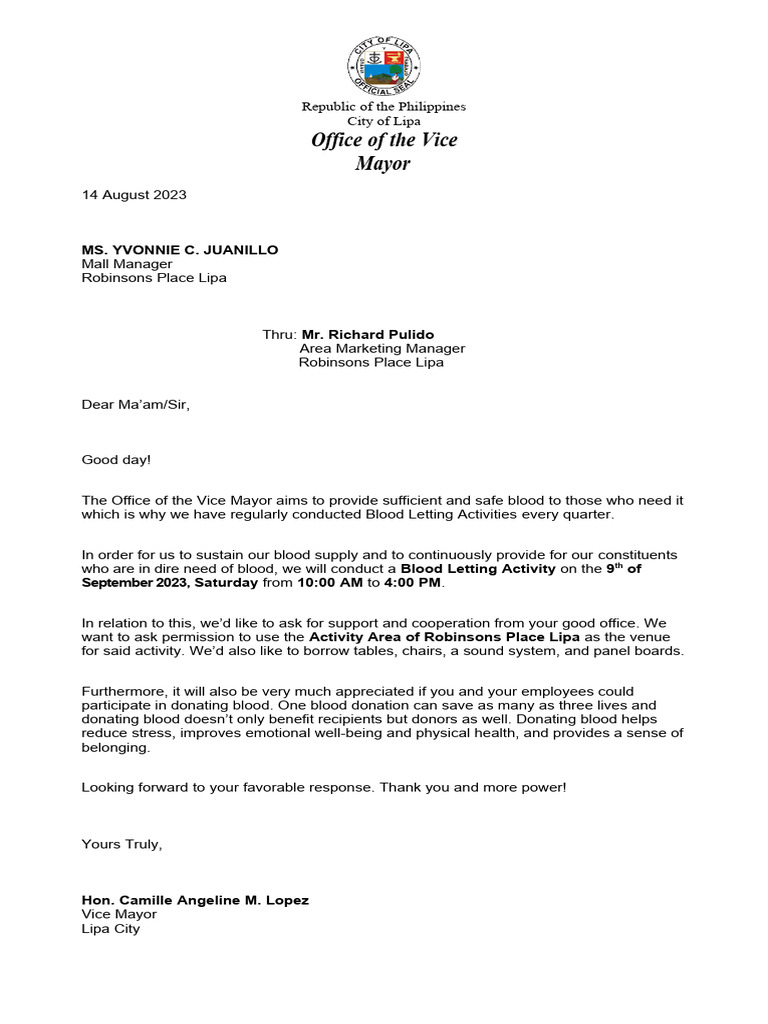 Request Letter - Blood Letting Activity Robinsons | PDF