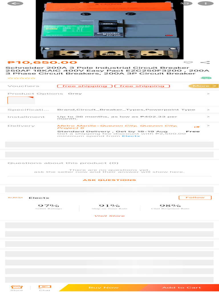 Schneider 200A 3 Pole Industrial Circuit Breaker 250AF 18KAIC 400V Easy Pact EZC250F3200, 200A 3 ...