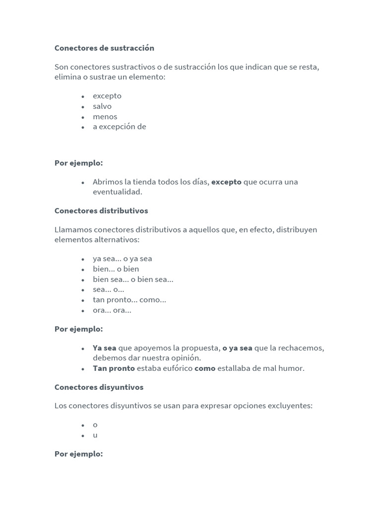Conectores de sustracción y ejemplos | PDF | Oración (Lingüística)