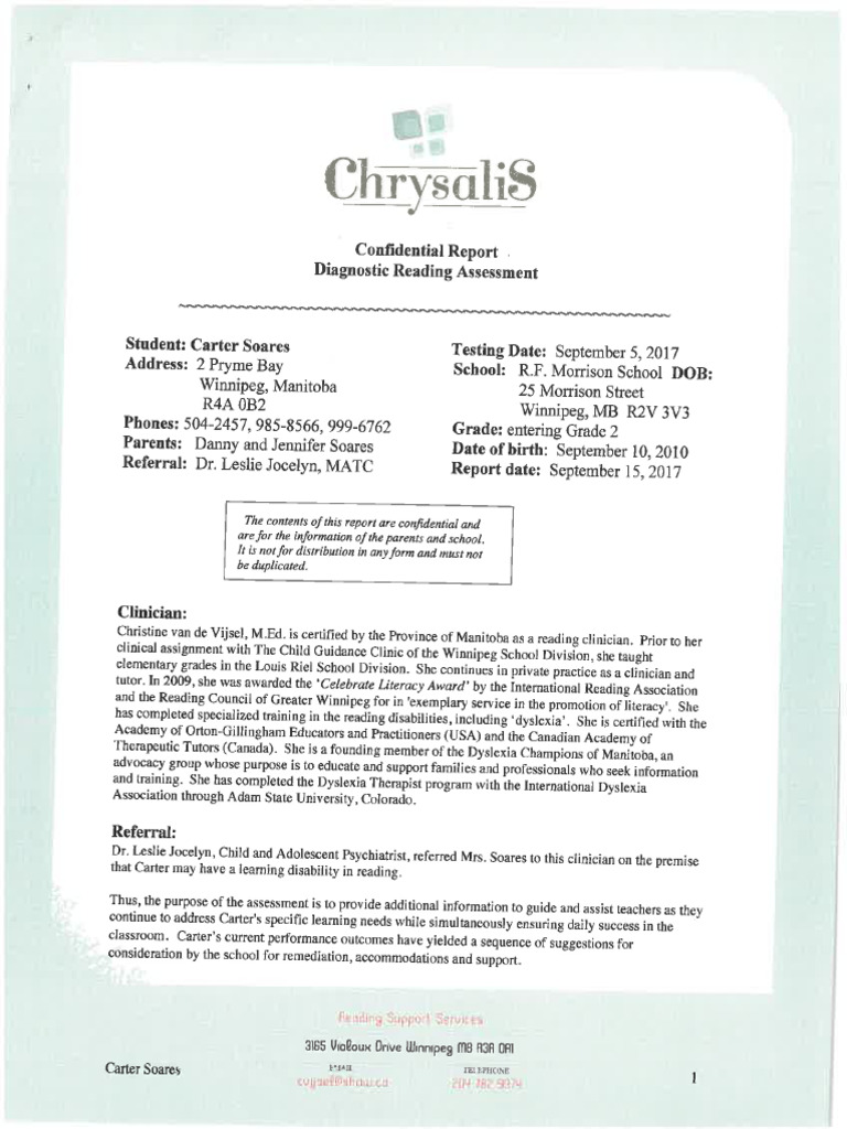 Reading Clinician Report CS | PDF | Dyslexia | Cognition