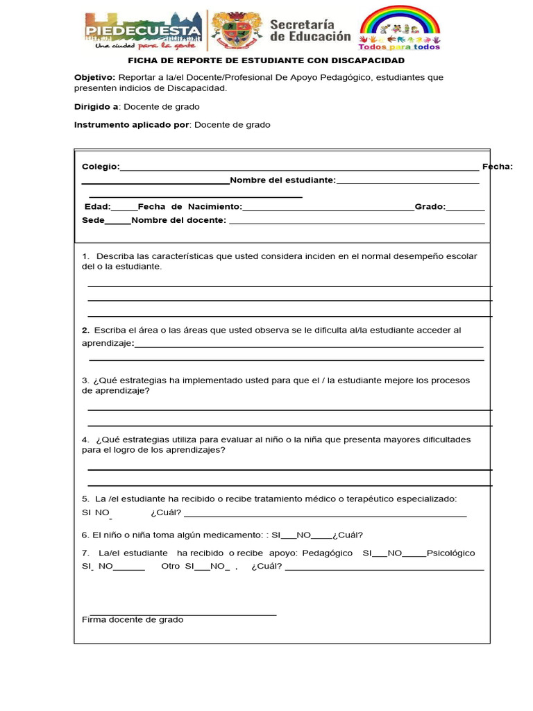 Ficha de Reporte de Estudiante Con Discapacidad Observacion Directa ...