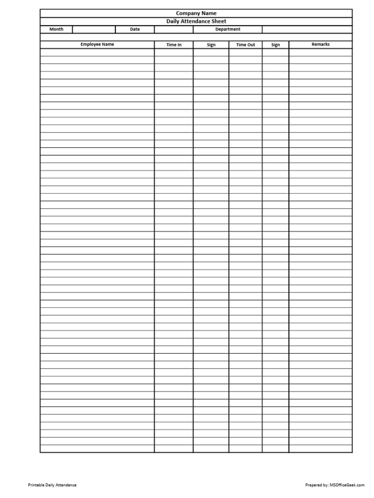 Printable Daily Attendance Sheet | PDF