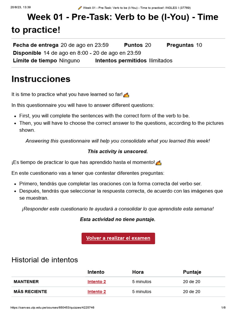 Week 01 - Pre-Task - Verb To Be (I-You) - Time To Practice! - INGLES I (37769) | PDF