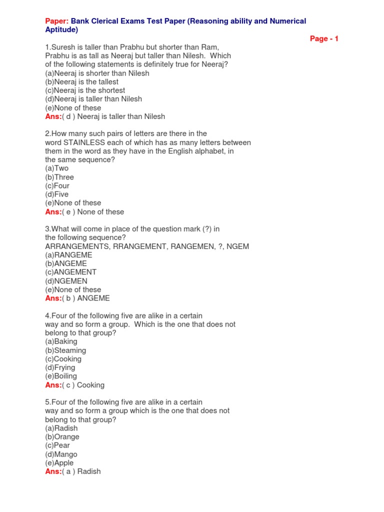 Paper: Page - 1: Bank Clerical Exams Test Paper (Reasoning Ability and ...