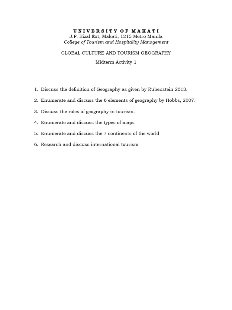 Midterm Exam: Tourism Geography Topics | PDF | Travel