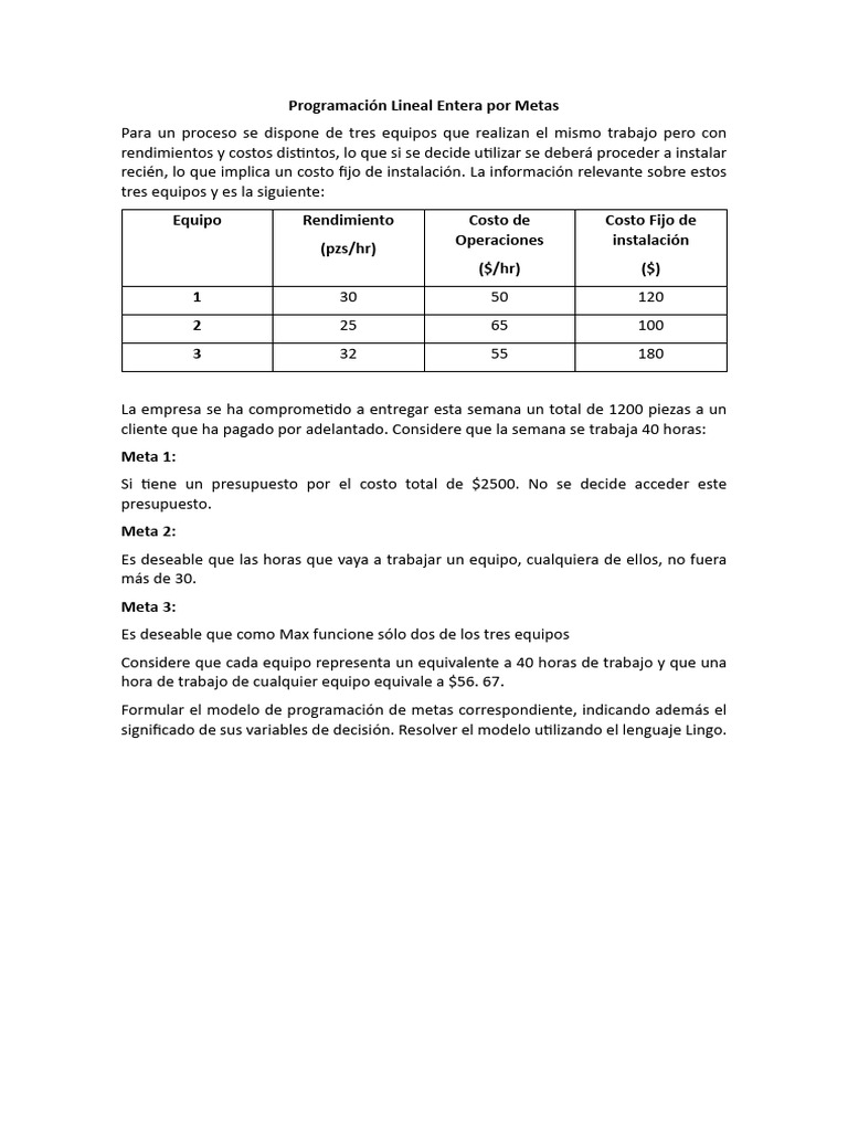 Programación Lineal Entera Por Metas | PDF