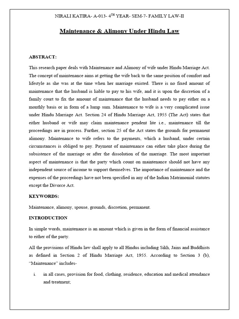 Maintenance and Alimony Under Hindu Laws | PDF | Alimony | Marriage
