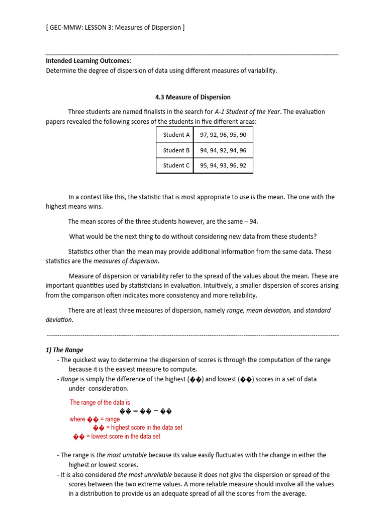 Measures of Dispersion | PDF | Variance | Standard Deviation