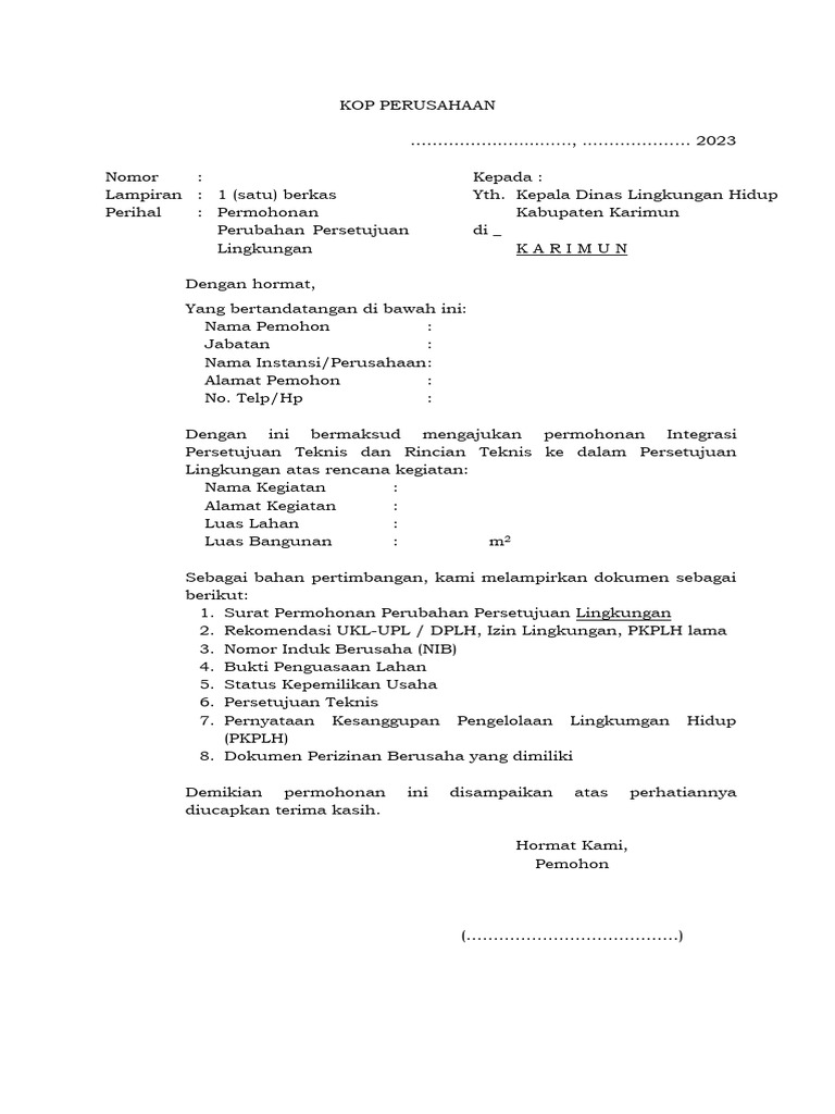 Surat Permohonan Perubahan Persetujuan Lingkungan | PDF