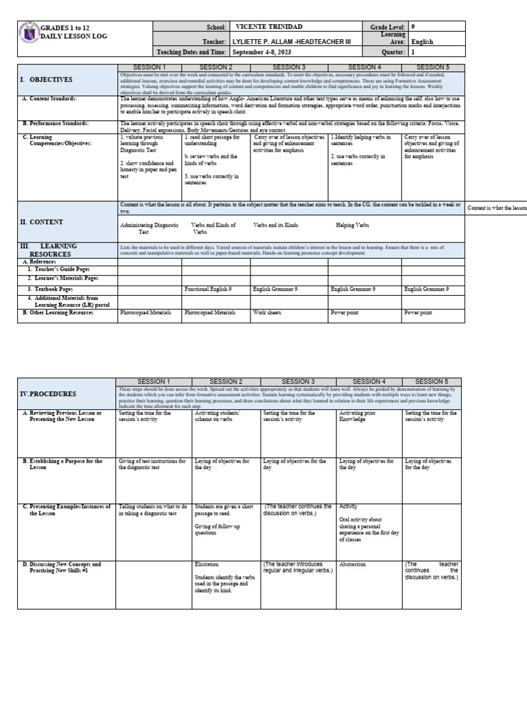 GRADES 1 To 12 Daily Lesson Log Vicente Trinidad 9 English September 4 ...