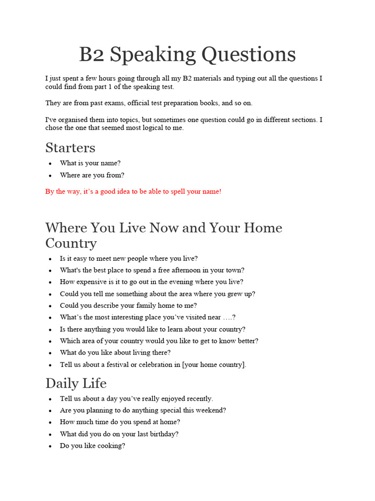 B2 Speaking Questions | PDF | Leisure | Sports
