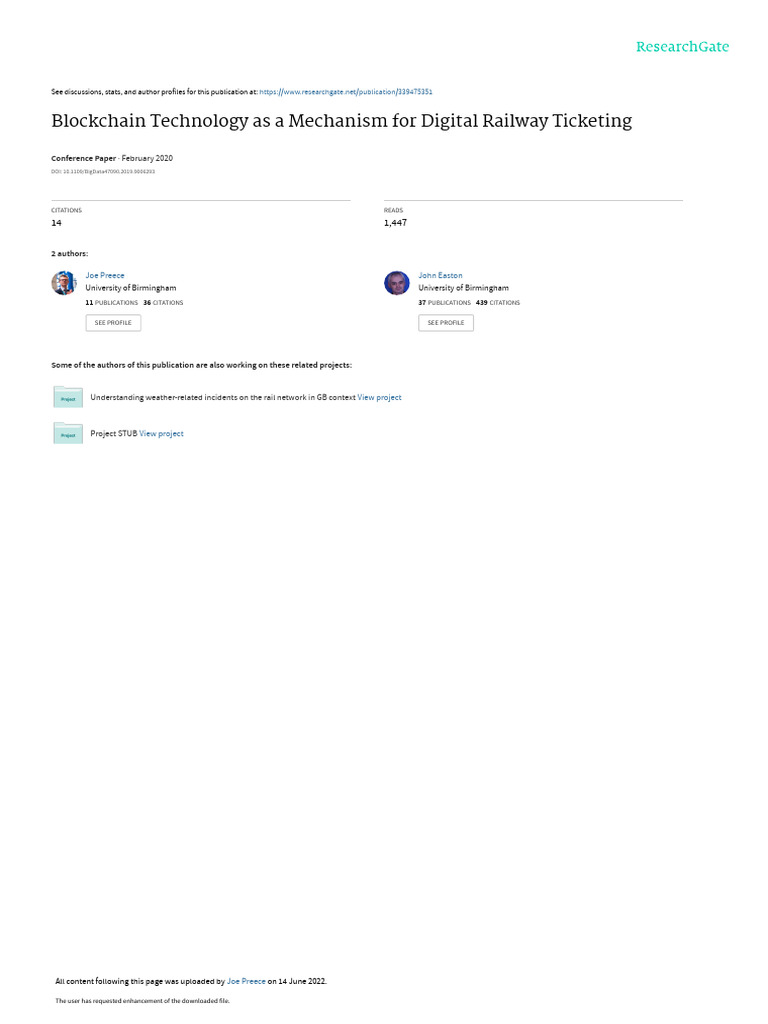 Blockchain Technologyasa Mechanismfor Digital Railway Ticketing | PDF | Smart Card | Computer ...