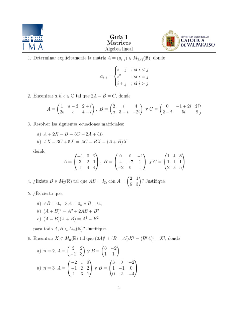 Guia 1 Matrices | PDF | Matriz (Matemáticas) | Teoría del operador