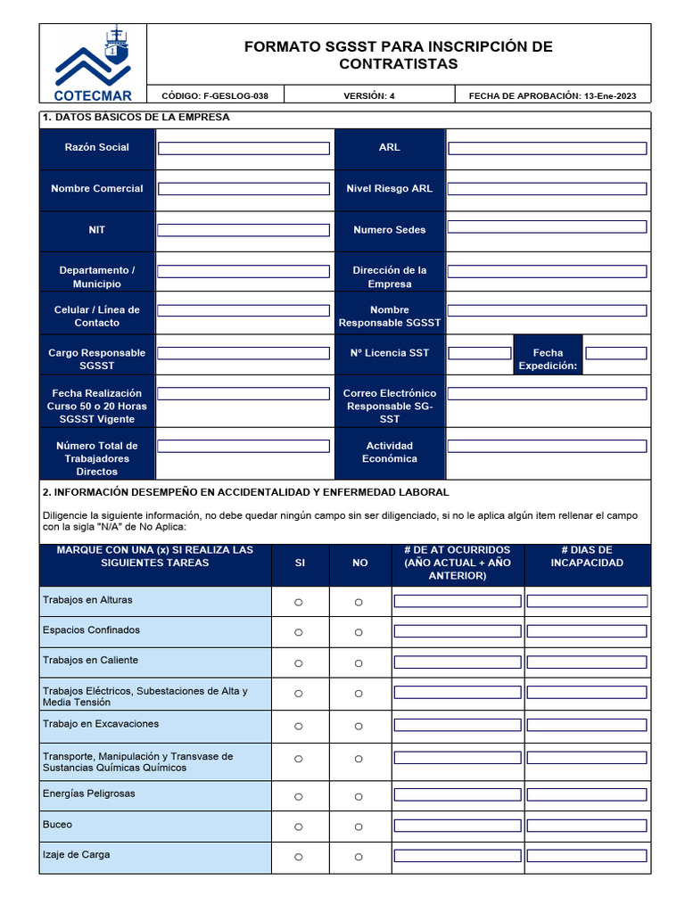 Formato SGSST para Inscripción de Contratistas PDF | PDF Formato SGSST para Inscripción de Contratistas PDF | PDF
