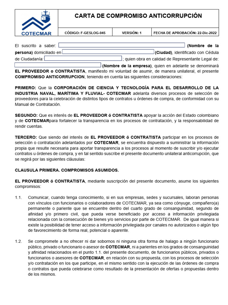 Carta de Comrpomiso Anticorrupción PDF | PDF | Corrupción política ...