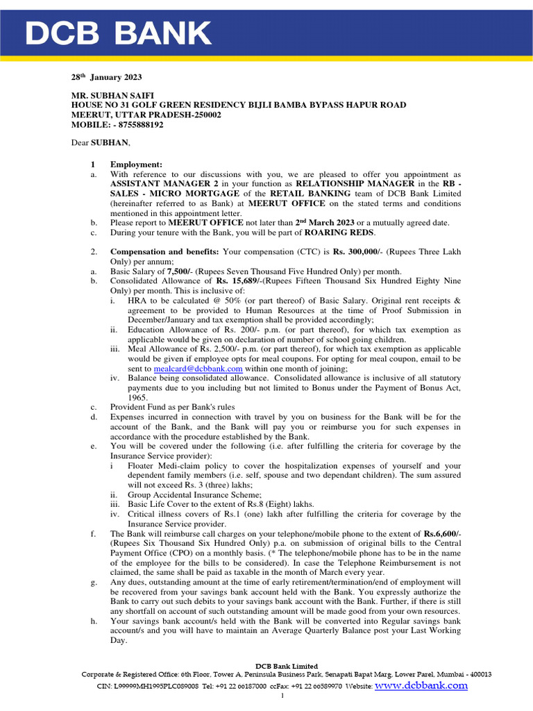 Offer Letter | PDF | Employment | Banks