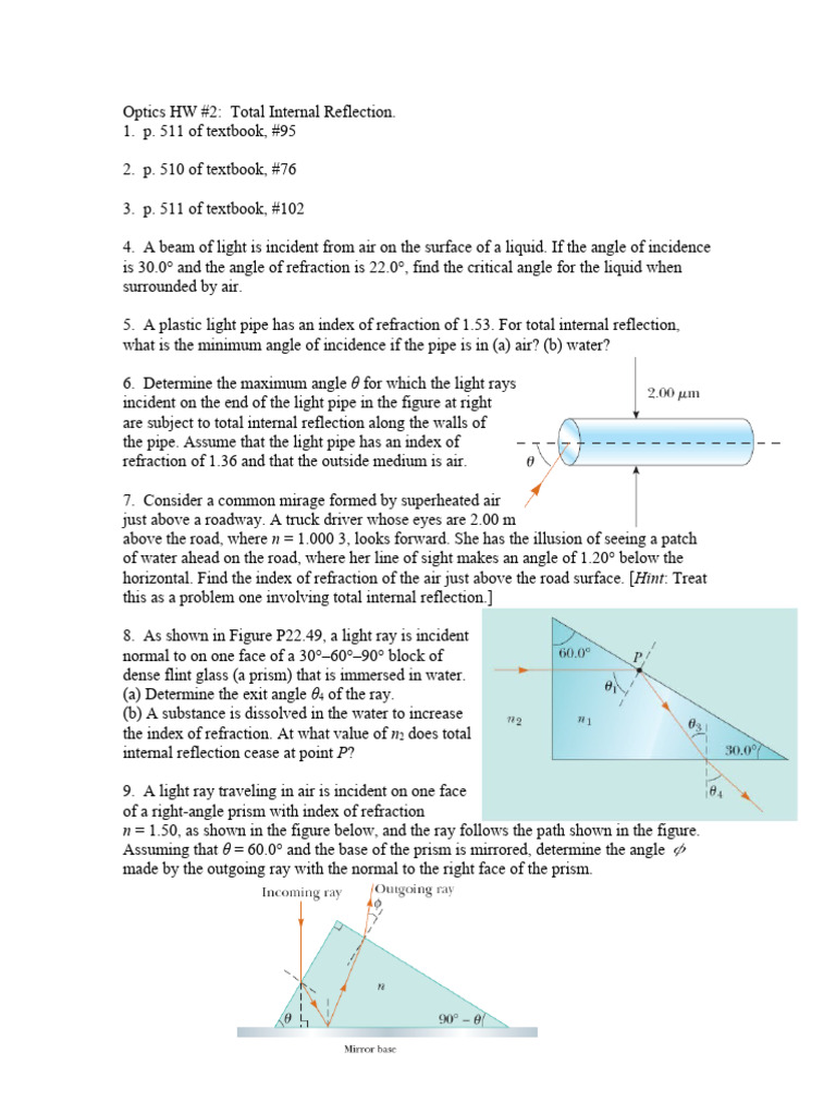 Optics HW - 2 Total Internal Reflection | Download Free PDF ...