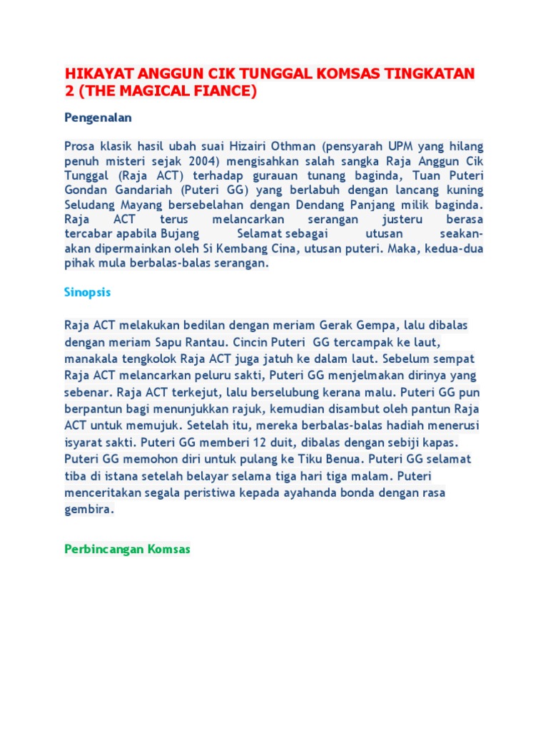Hikayat Anggun Cik Tunggal Komsas Tingkatan 2 | PDF | Fiksi Misteri, Thriller, & Kejahatan