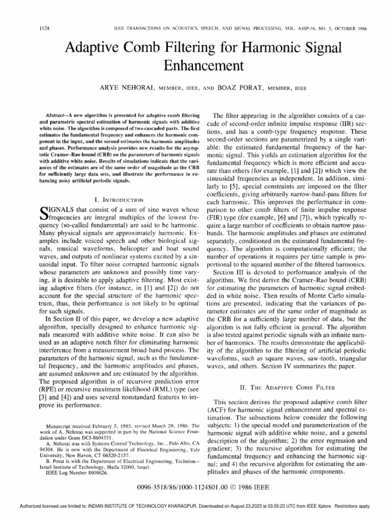 Adaptive Comb Filtering For Harmonic Signal Enhancement | PDF | Signal ...