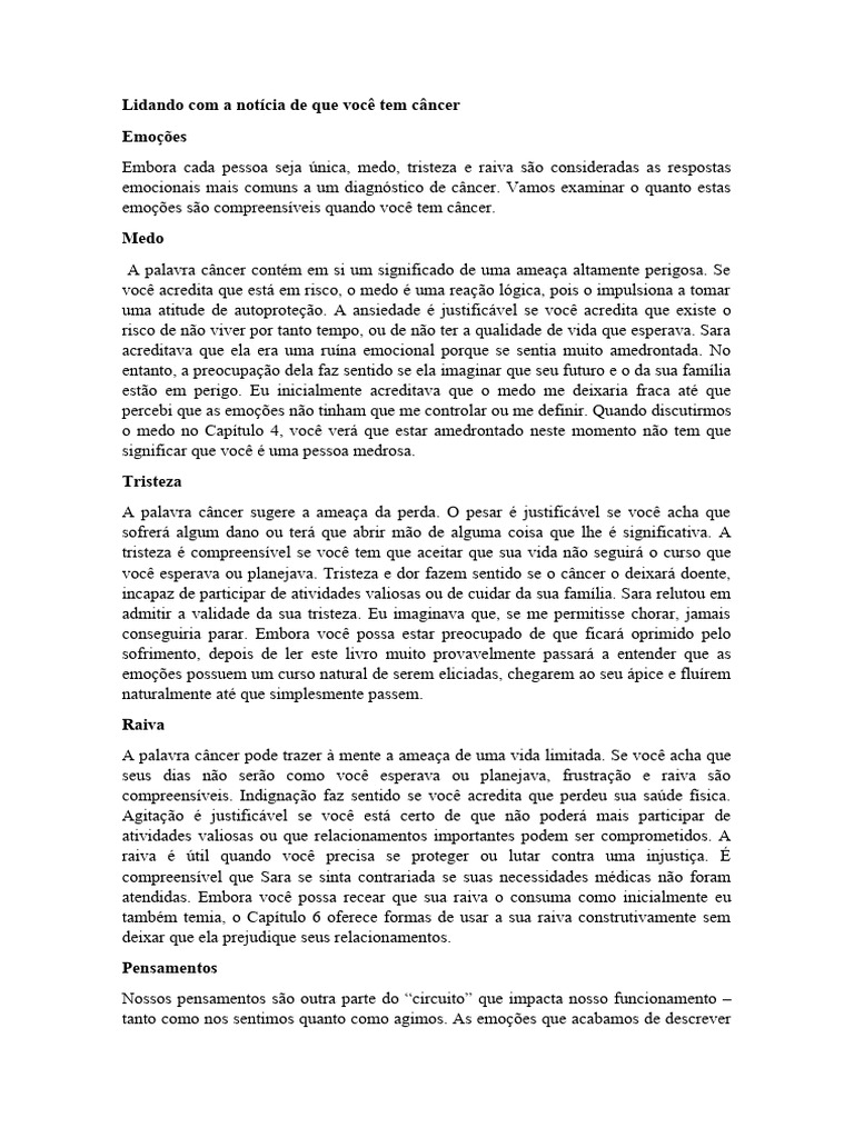 Lidando Com A Notícia de Que Você Tem Câncer | PDF | Emoções | Ansiedade Lidando Com A Notícia de Que Você Tem Câncer | PDF | Emoções | Ansiedade