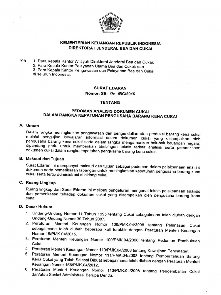 SE-06-2015 Pedoman Analisis Dokumen Cukai | PDF