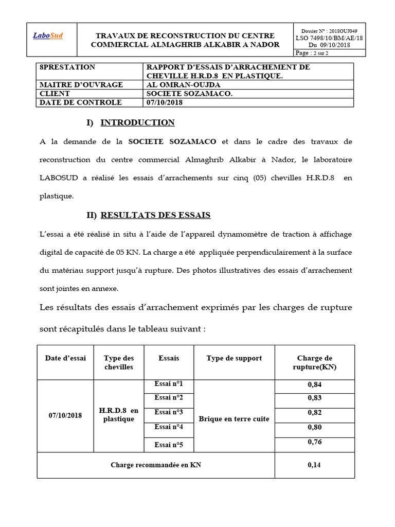 Essais d'arrachement de chevilles H.R.D.8 | PDF | Matériaux | Ingénierie