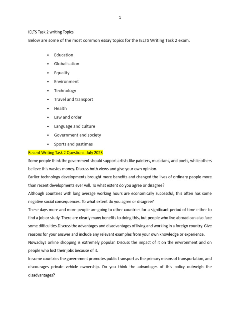 IELTS Task 2 Writing Topics | PDF | Transport | Knowledge