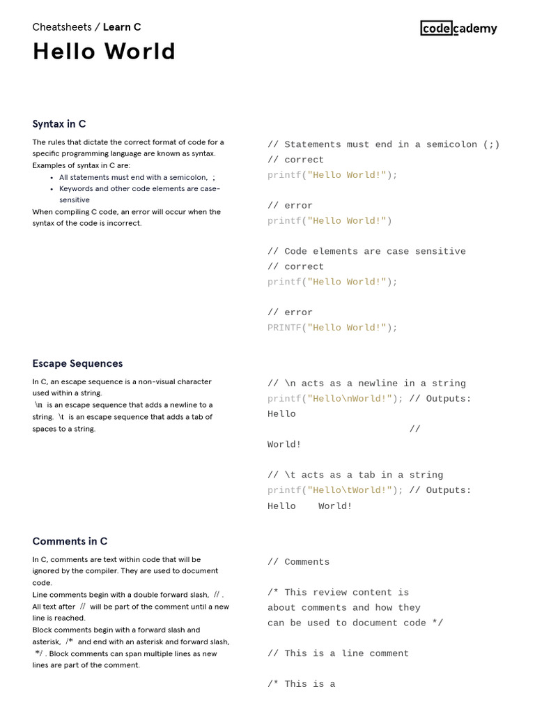 Learn C Hello World Cheatsheet Codecademy Pdf C Programming Language Information