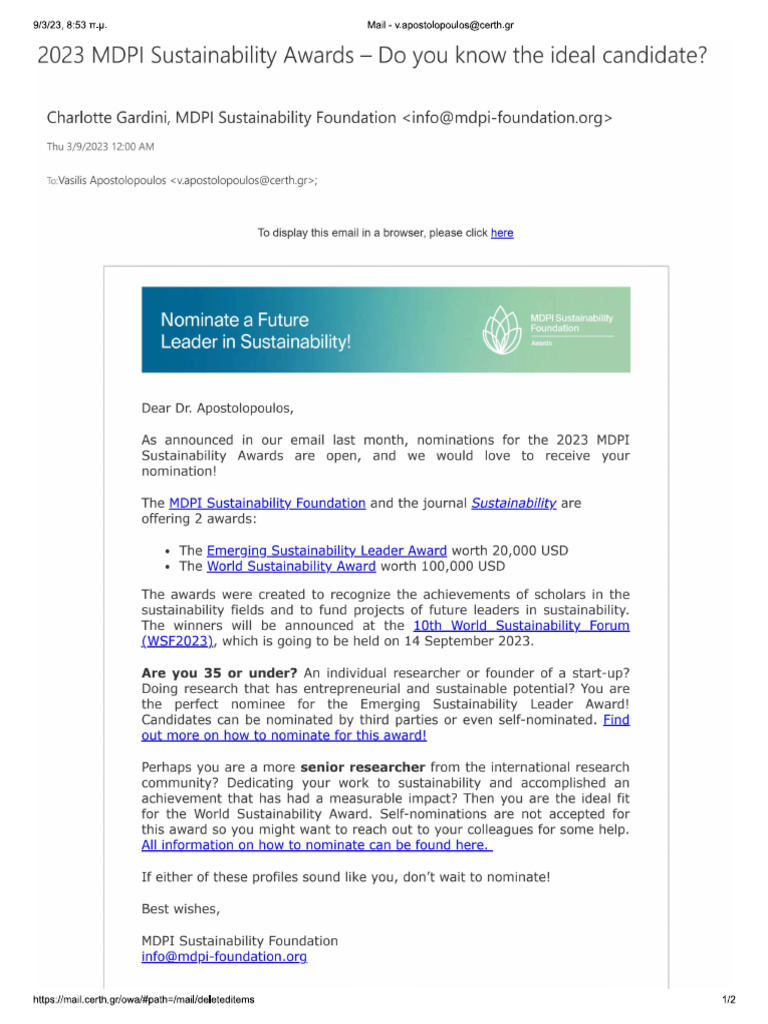 2023 MDPI Sustainability Awards | PDF