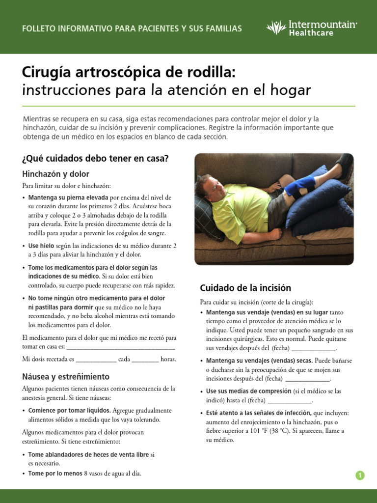 Arthroscopic Knee Surgery Home Instructions Fact Sheet Spanish | PDF ...